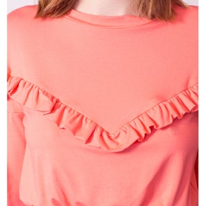 Pink Ruffle Blouse, Round Neck Crop Top, Elegant Jersey Top, Long ...