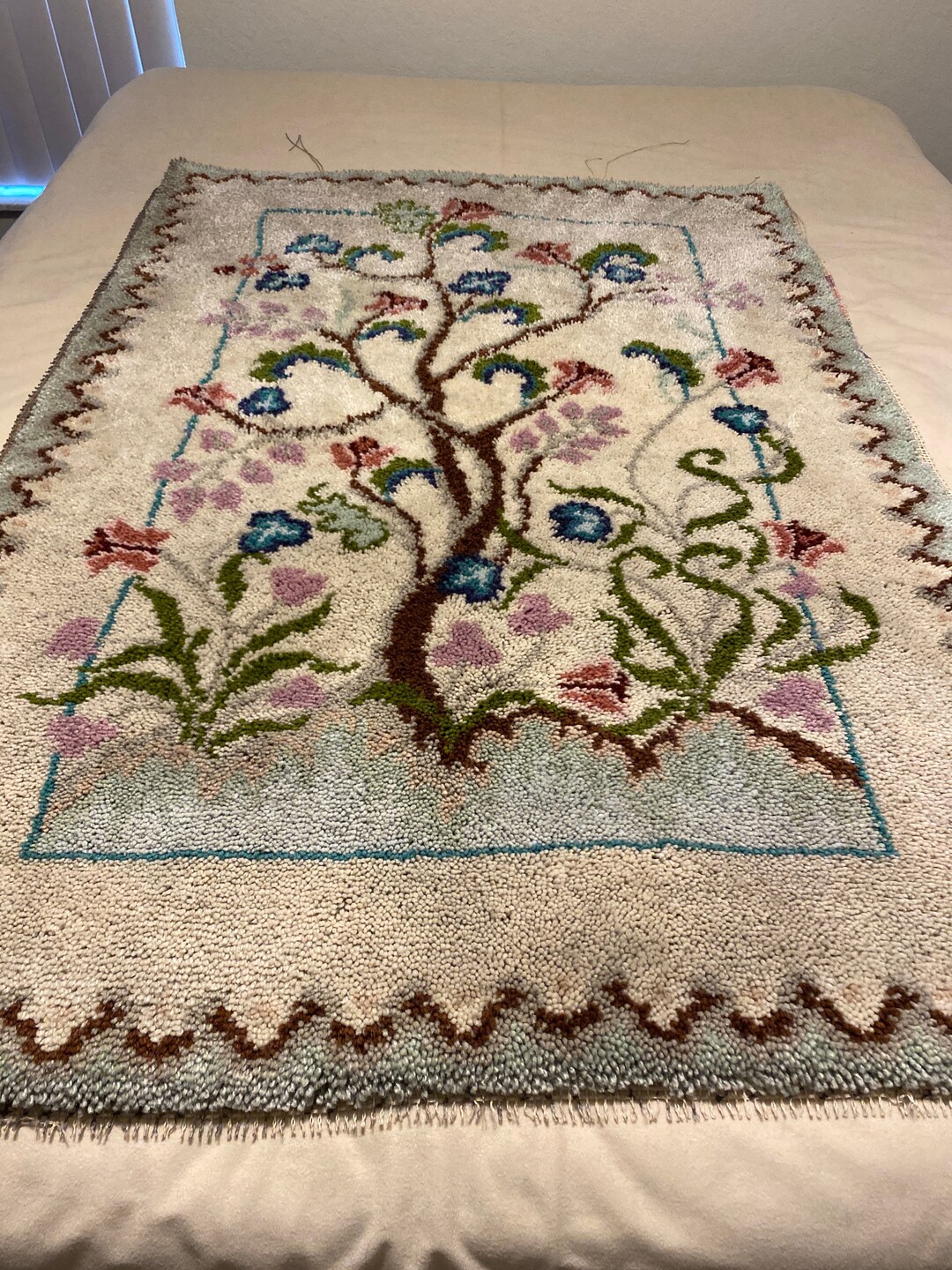 Finished Rug Hook Tree Floral Wall Hanging 55” X 38” Greens, Blues ...
