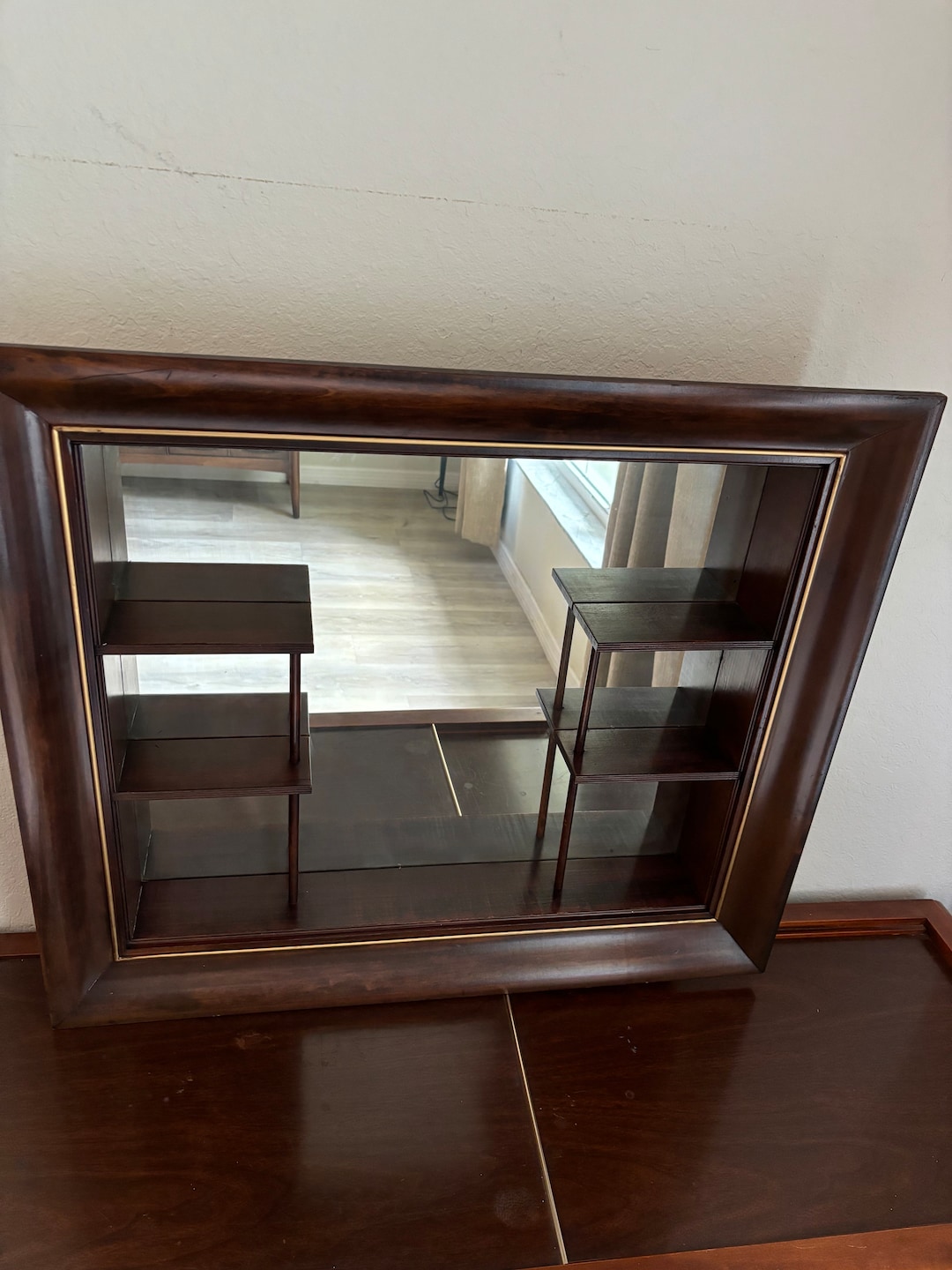 Wood Mirrored Shadow Box Wall Shelf 30” X 26” X 5” Multilevel Knick ...