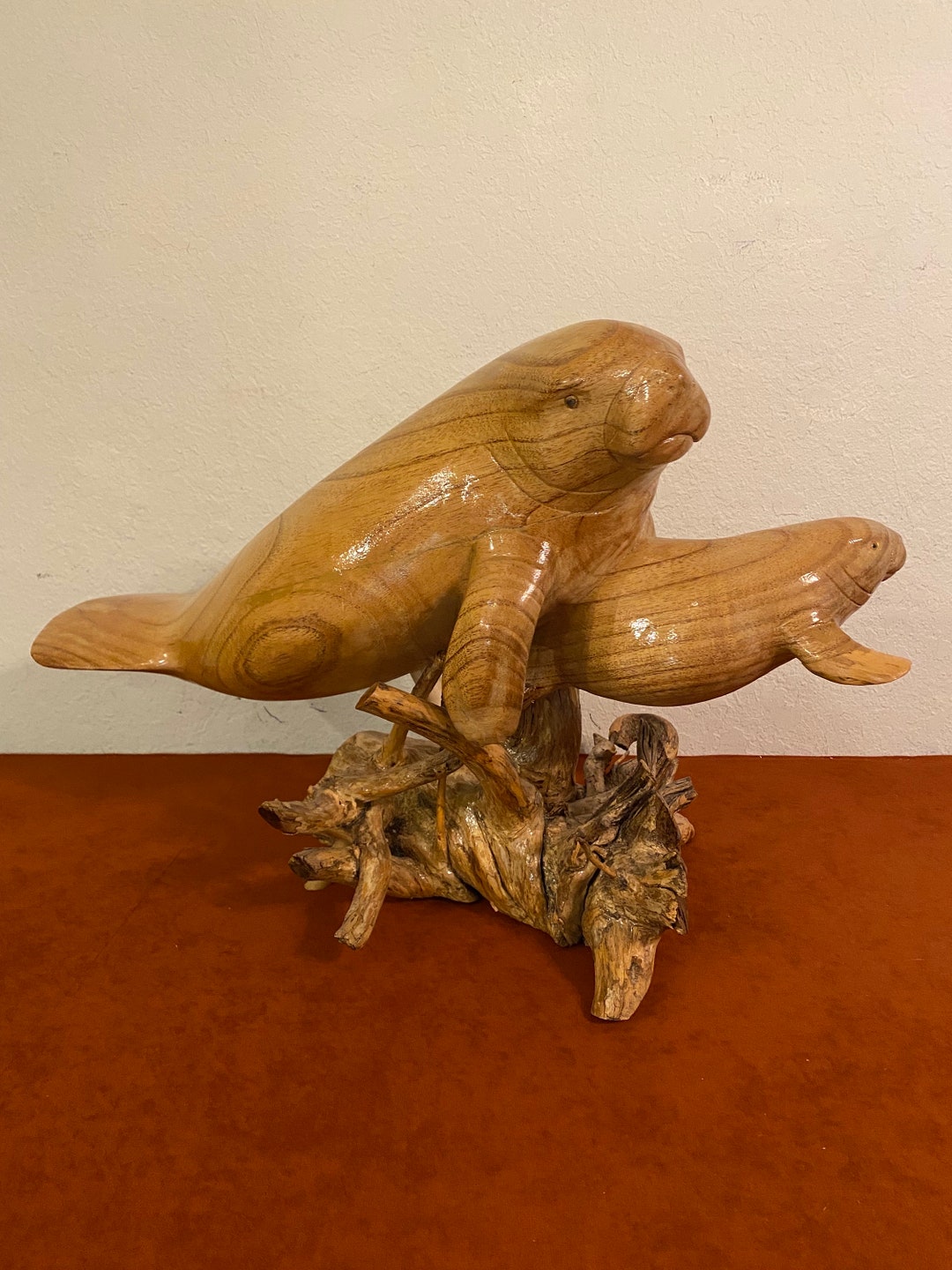 Manatee Carved Wood Sculpture Ex-large 26” X 15” X15” Mama and Calf ...