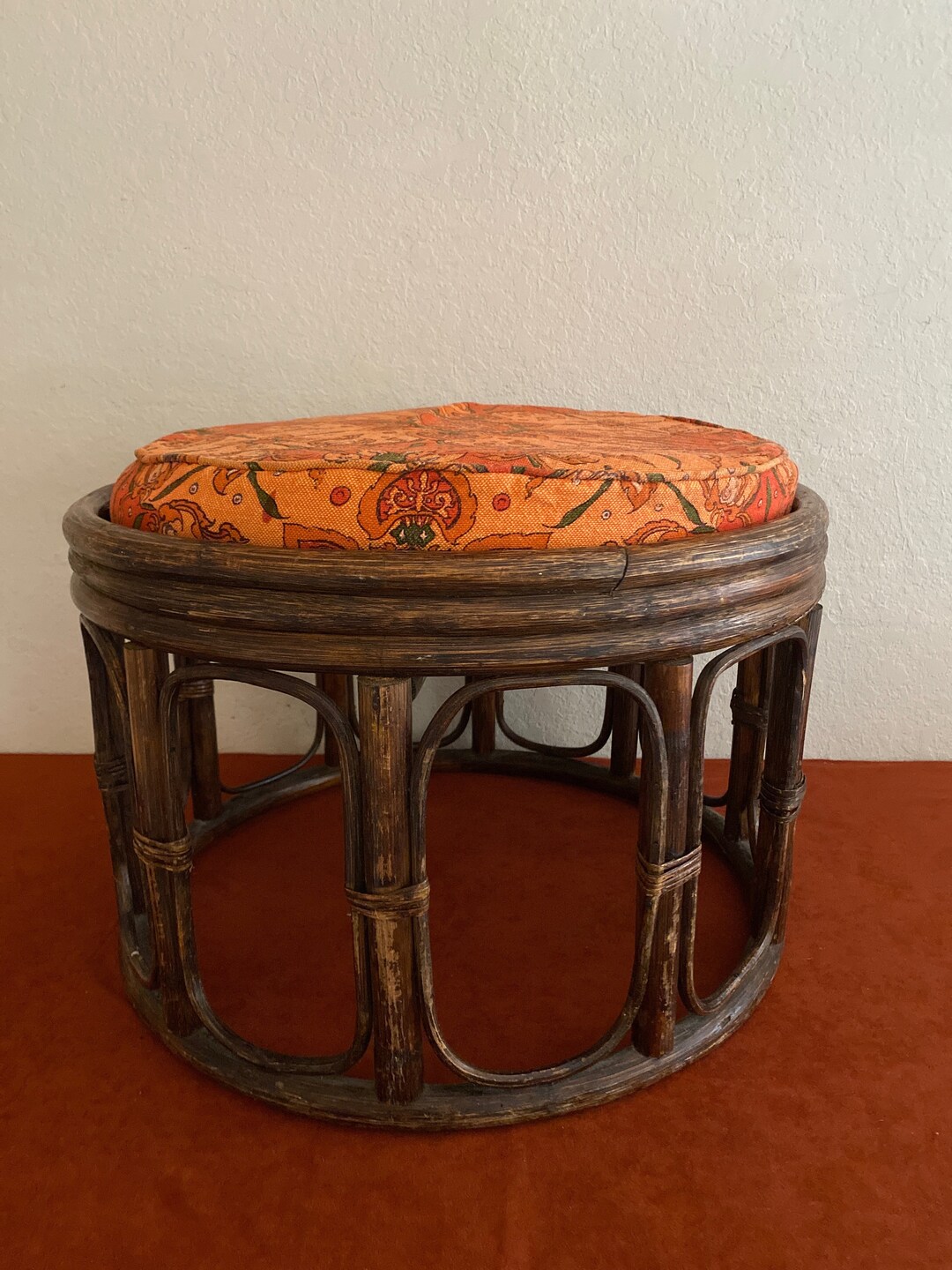 Vintage Round Rattan Bamboo Footstool Ottoman 1970s Orange Cushion ...