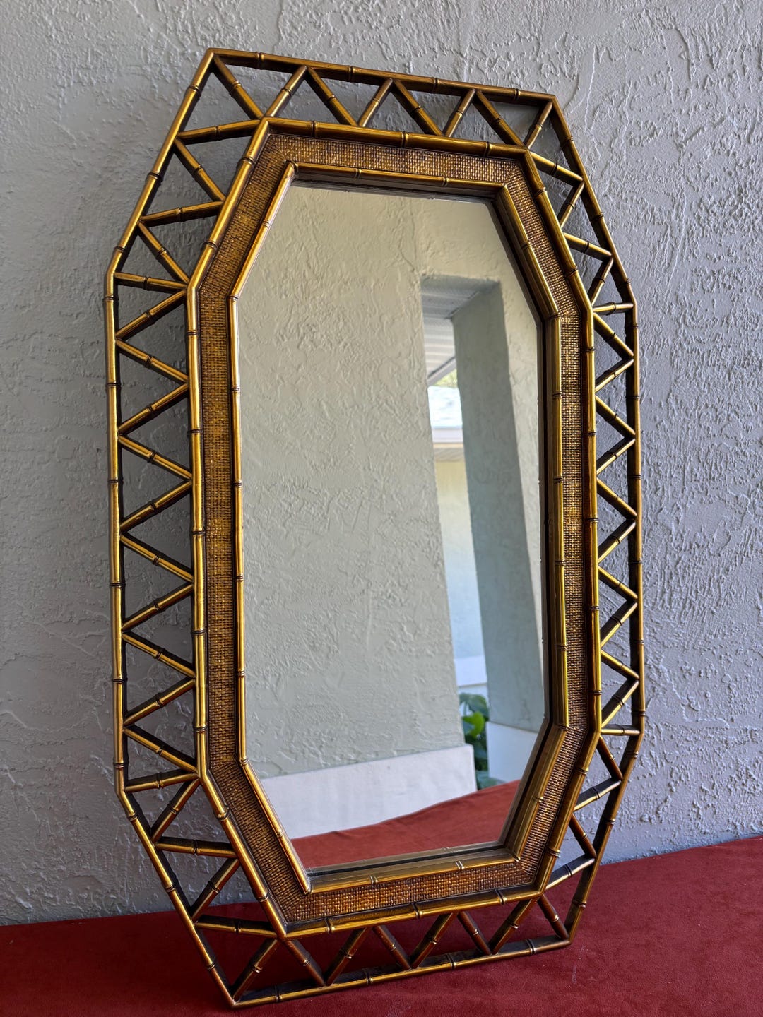 Faux Bamboo Elongated Octagon Mirror With Wicker Look Insert Brassy ...