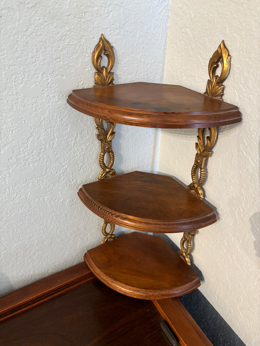 Three Tier Corner Shelf 20” Sexton Wood/gold Metal Curio Shelf Knick ...