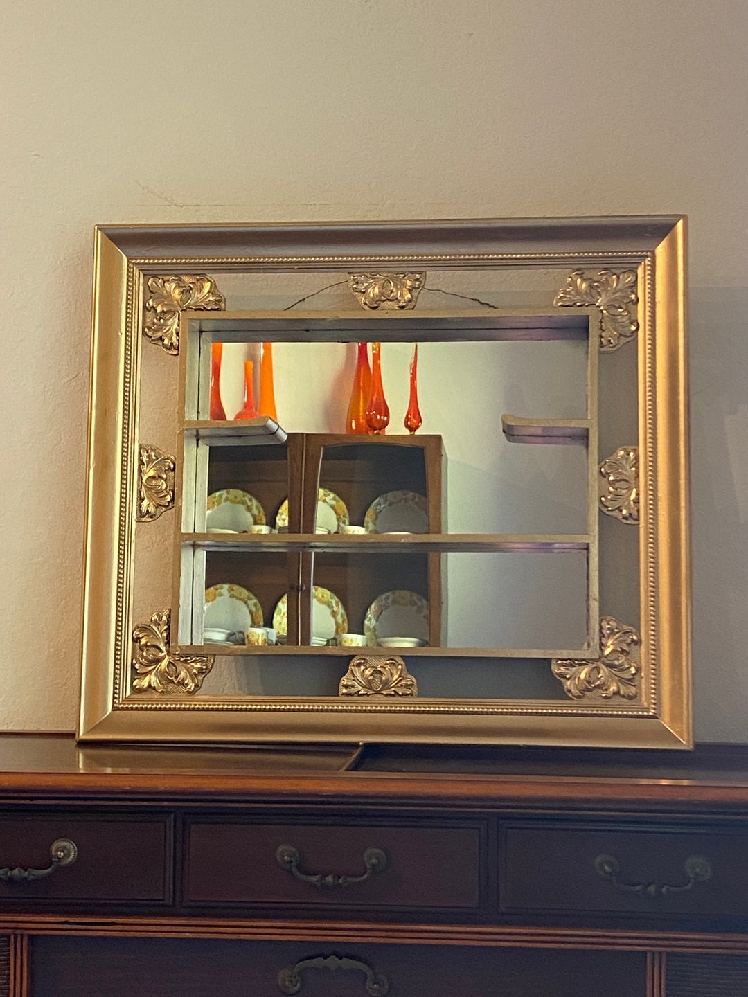 Gold Mirrored Shadow Box Hanging Turner Wall Shelf 34” X 26” Multilevel ...