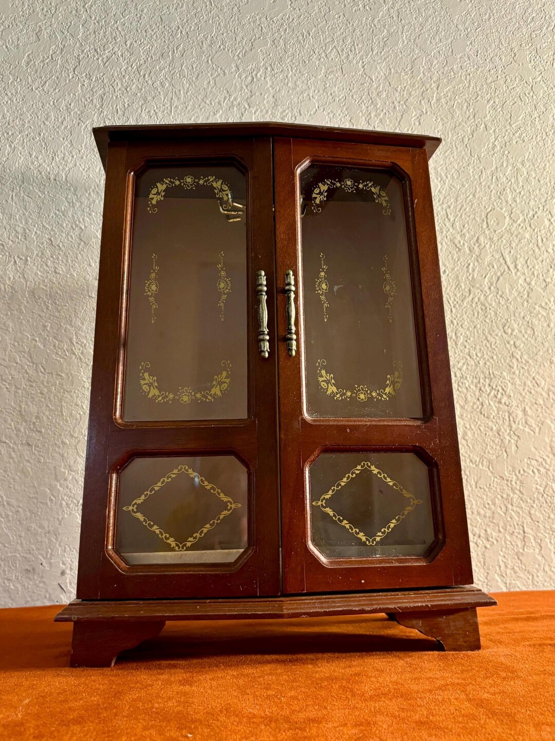 Wood Jewelry Armoire Plexiglass Doors 14 1/2” Tall Beige Velvet Ring ...