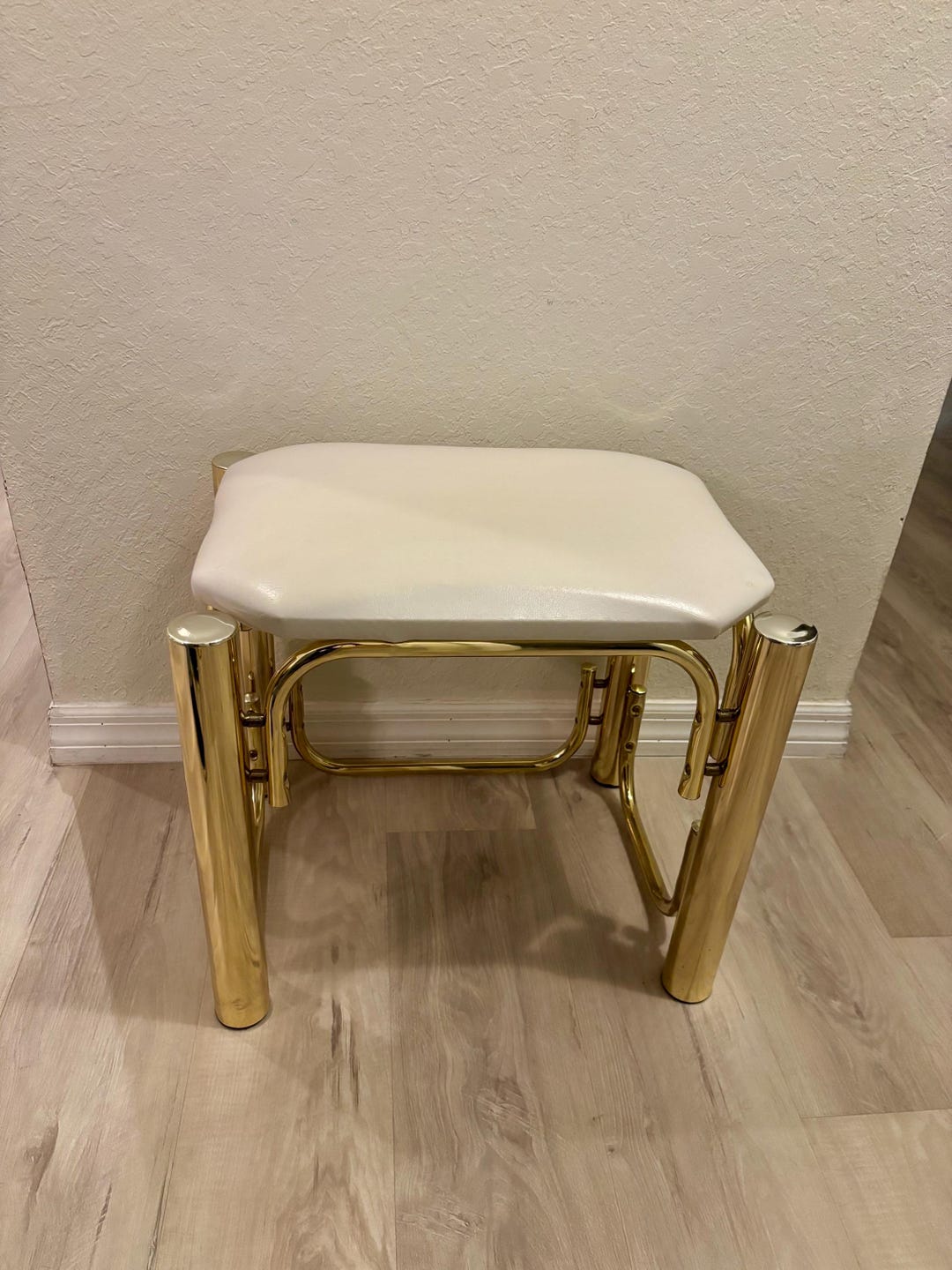 Gold Metal Bench 80s 90s Cushioned Faux Leather Top Vintage Hollywood ...