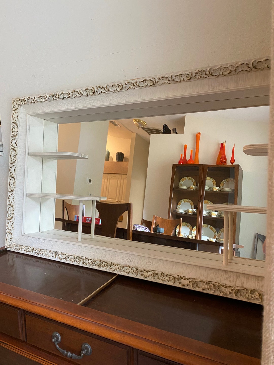 White Gold Mirrored Shadow Box Hanging Wall Shelf 46.5 X 25.5 Knick ...