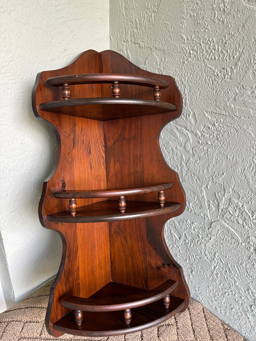 Three Tier Wood Hanging Corner Shelf Wood Curio Traditional Knick Knack ...