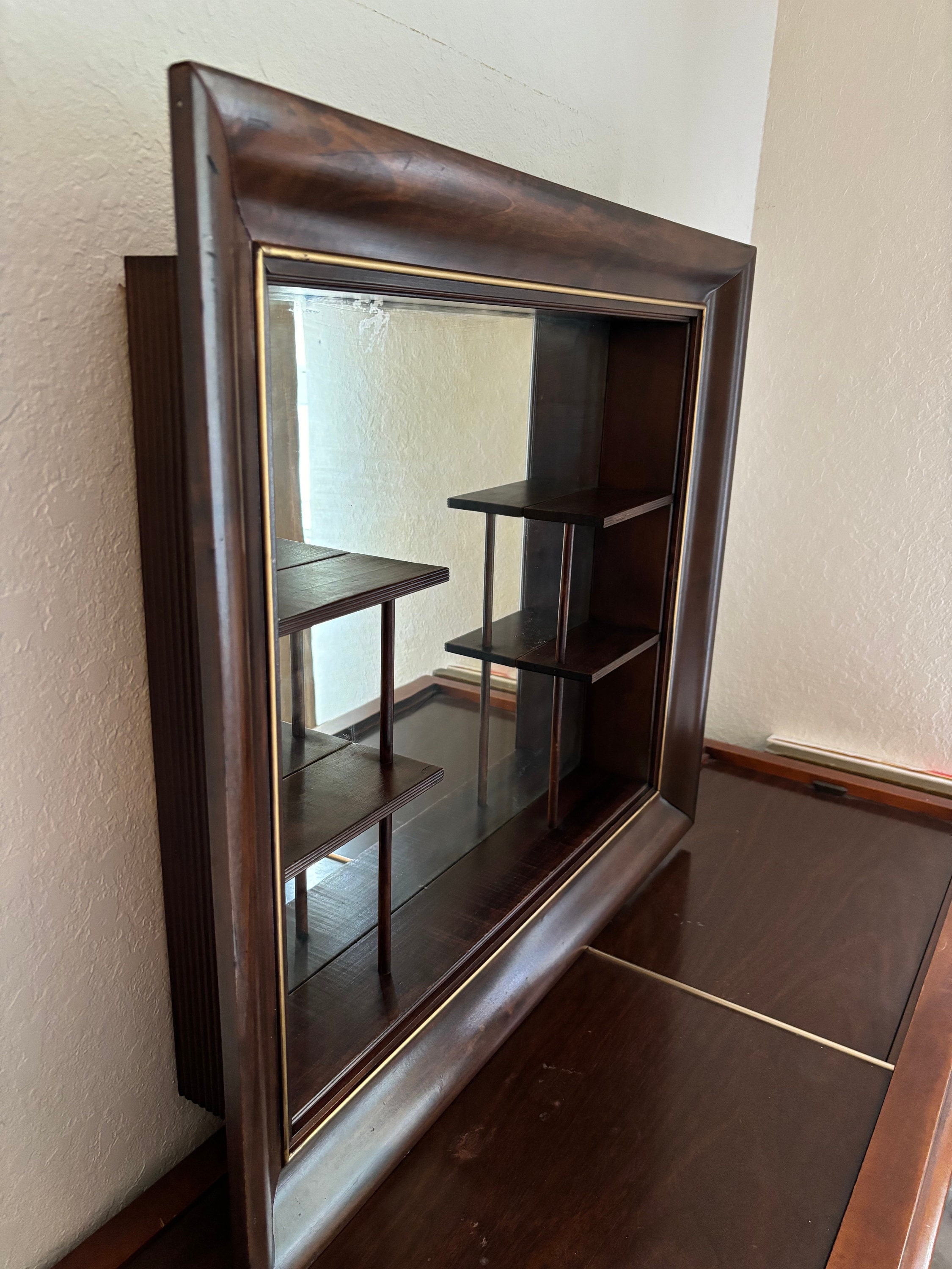 Wood Mirrored Shadow Box Wall Shelf 30” X 26” X 5” Multilevel Knick ...