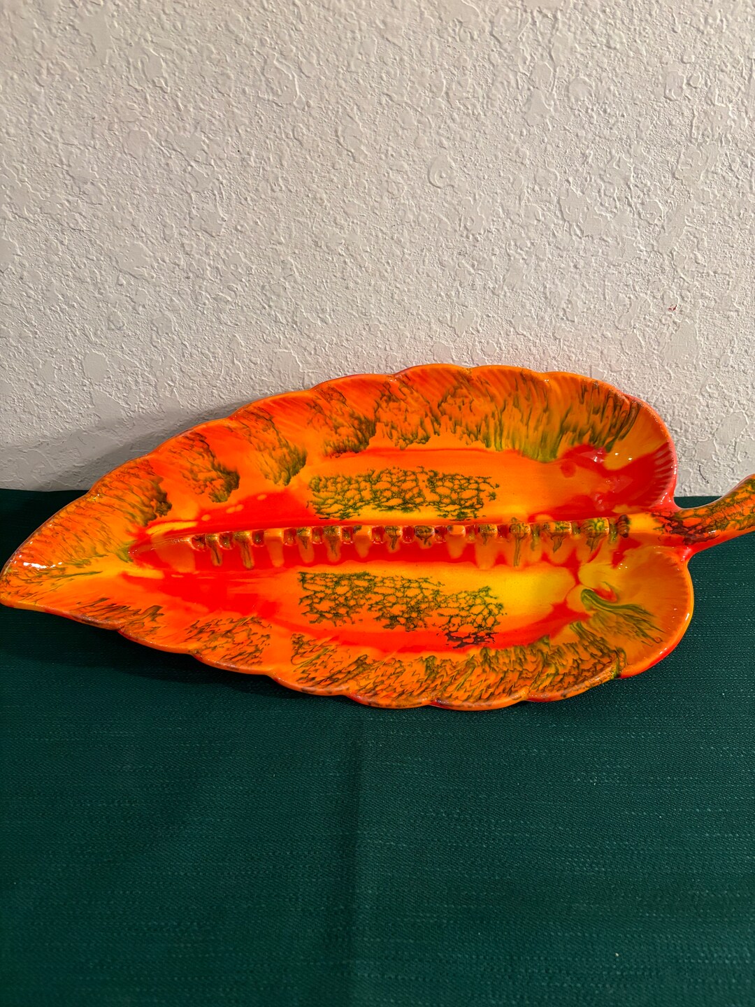 MCM Orange Leaf Ashtray Drip Glaze Large 19” Long Maurice Ceramics ...