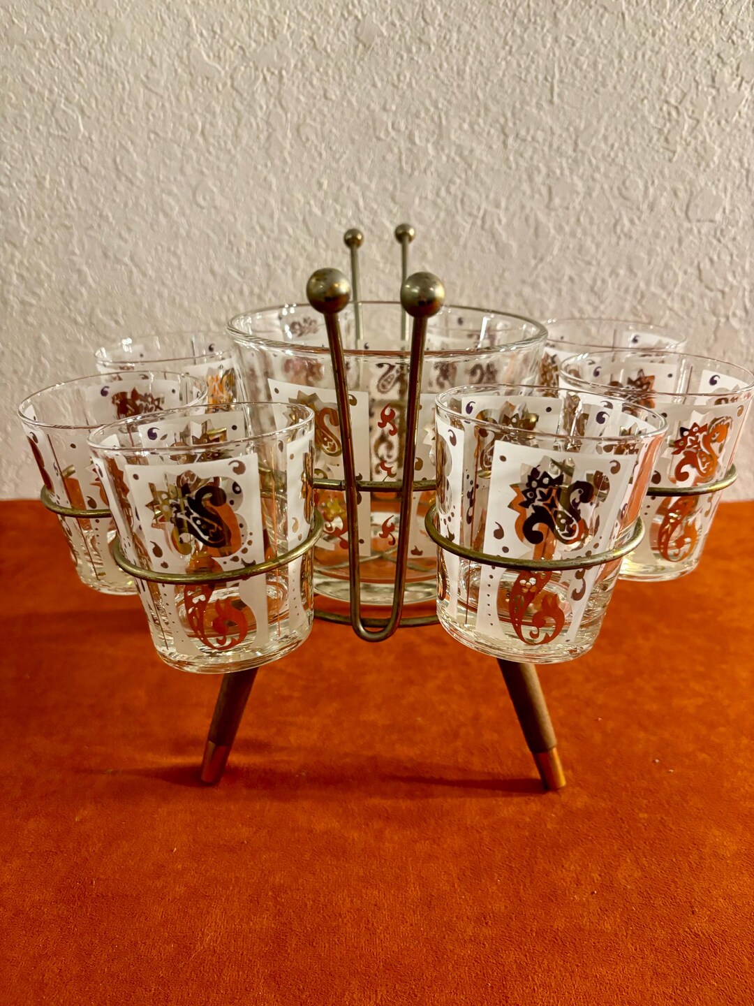 MCM Glasses Set of Eight With Sputnik Style Caddy and Bowl Gold Design ...