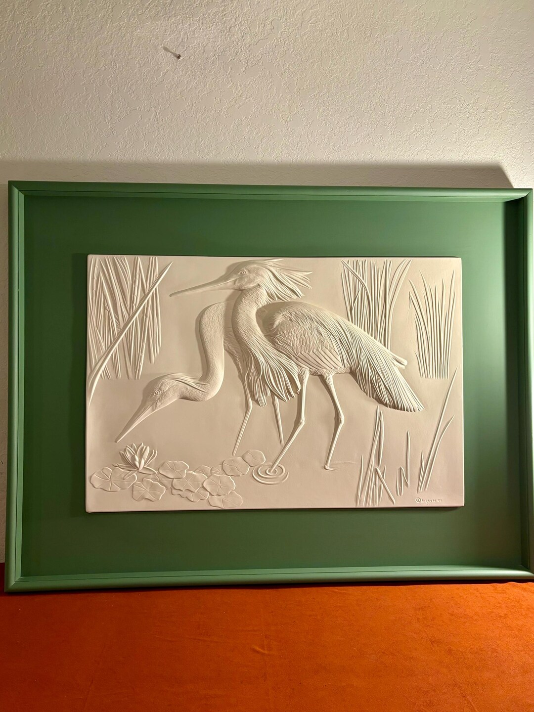 Framed Heron Birds Sculptural Plastic Relief on Canvas Large 37” X 49 ...