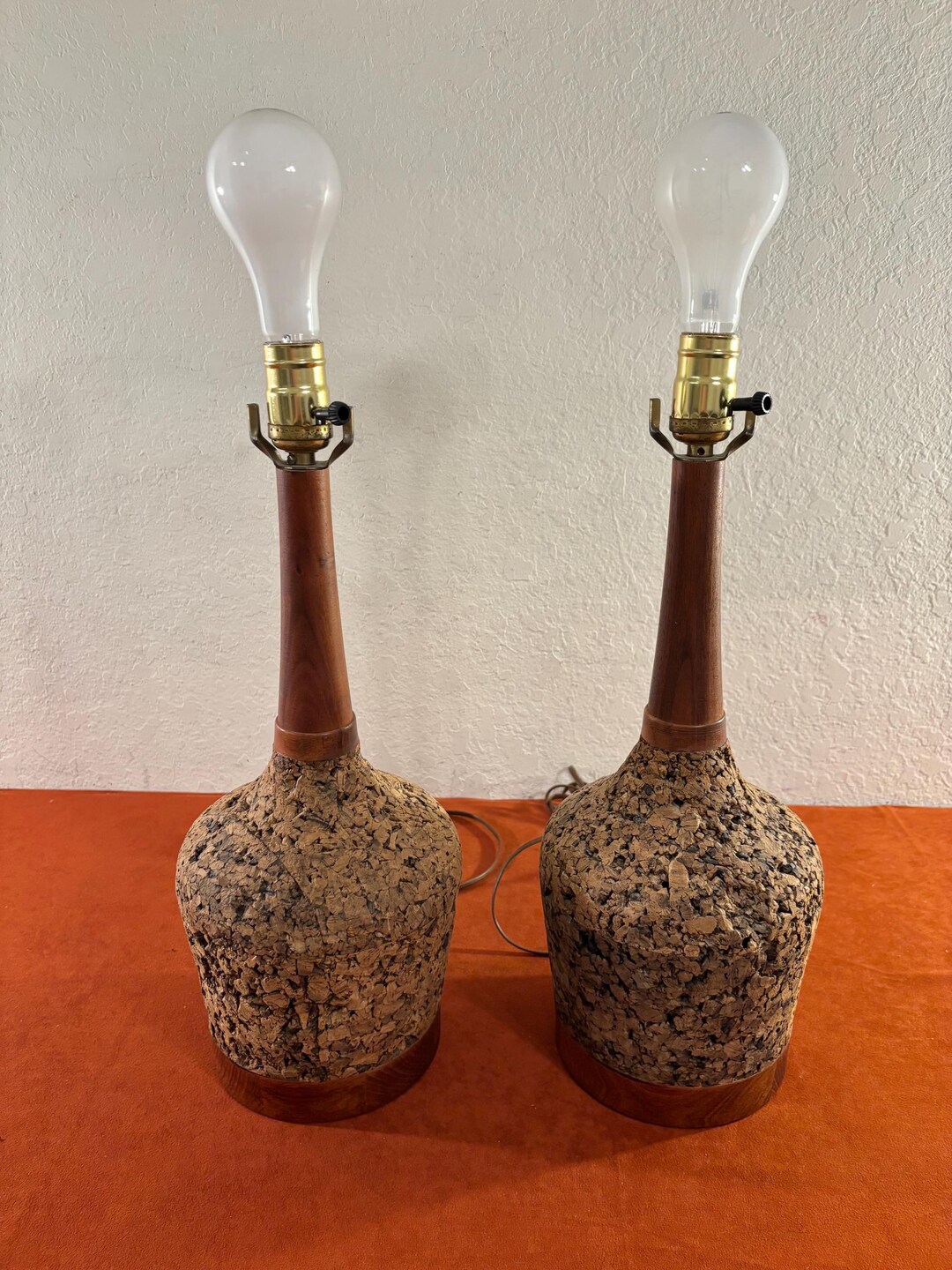 Pair MCM Cork and Walnut Wood Lamps Read Description - Etsy