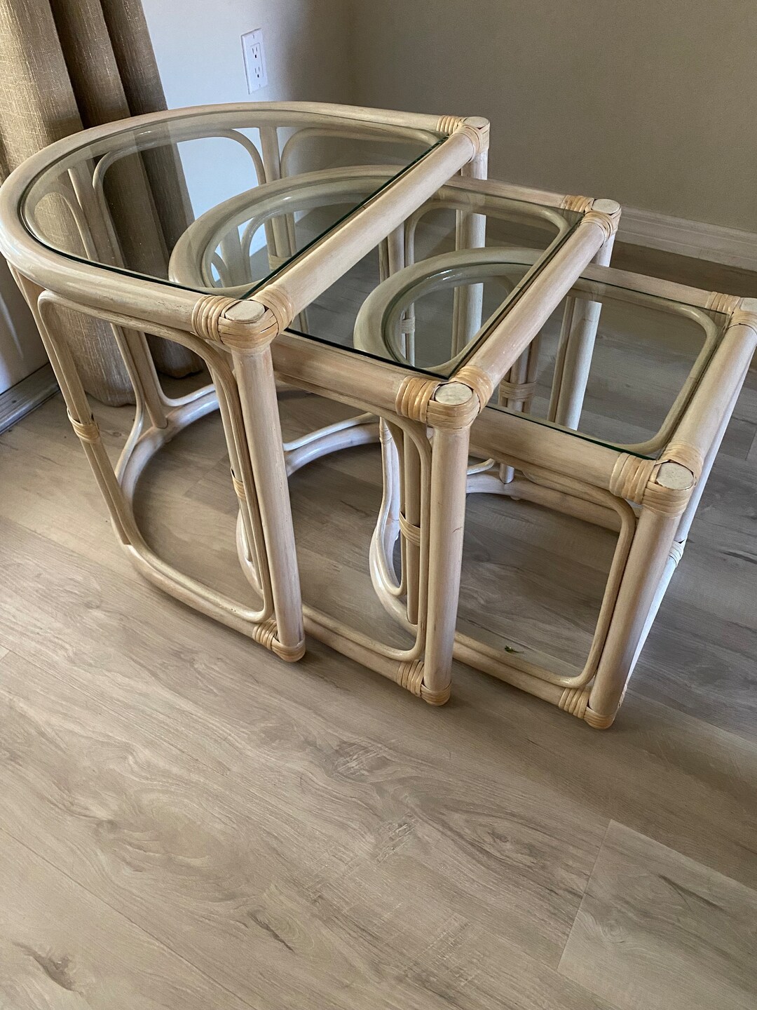 Rattan Nesting Tables Half Moon Bamboo Coastal Palm Beach Whitewash ...