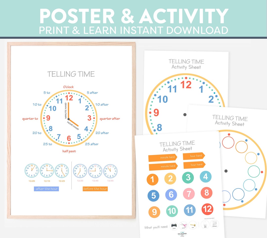 Telling Time Clock and Activity - Kids Decor Educational Prints for ...