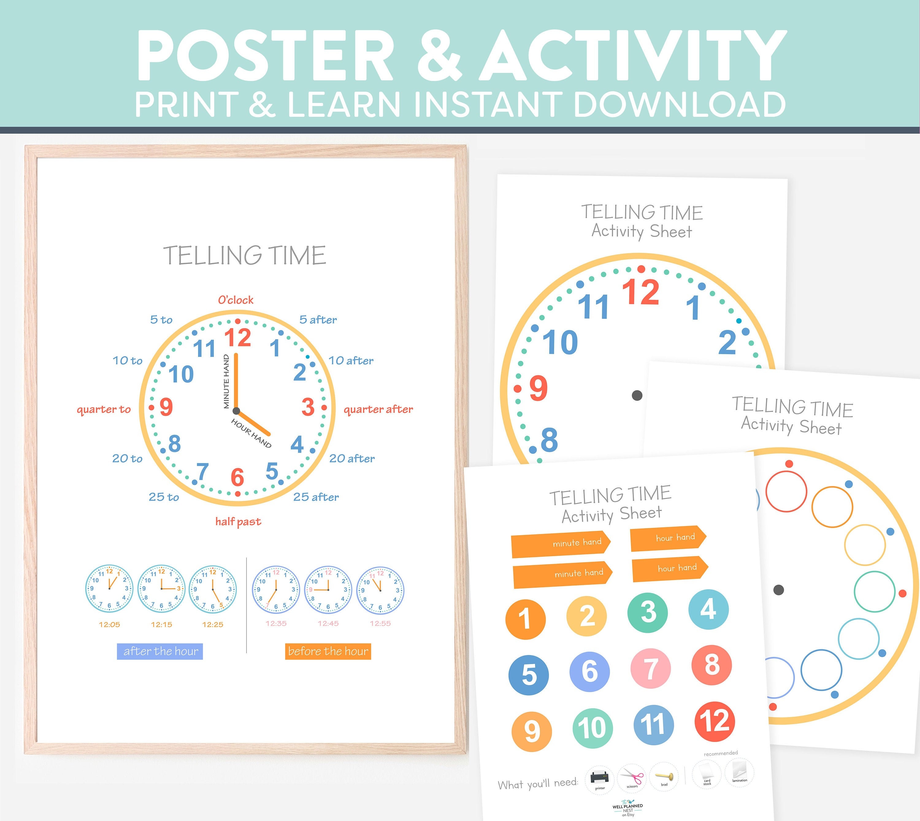 Telling Time Clock and Activity - Kids Decor Educational Prints for ...