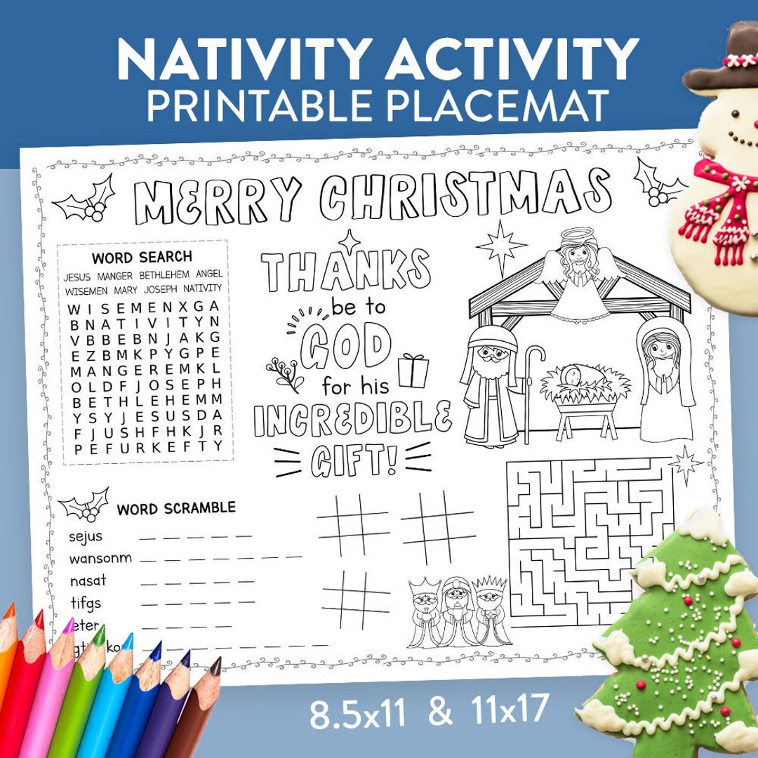 Christmas Nativity Dinner Placemat Kids Table Coloring Crafts Bible ...