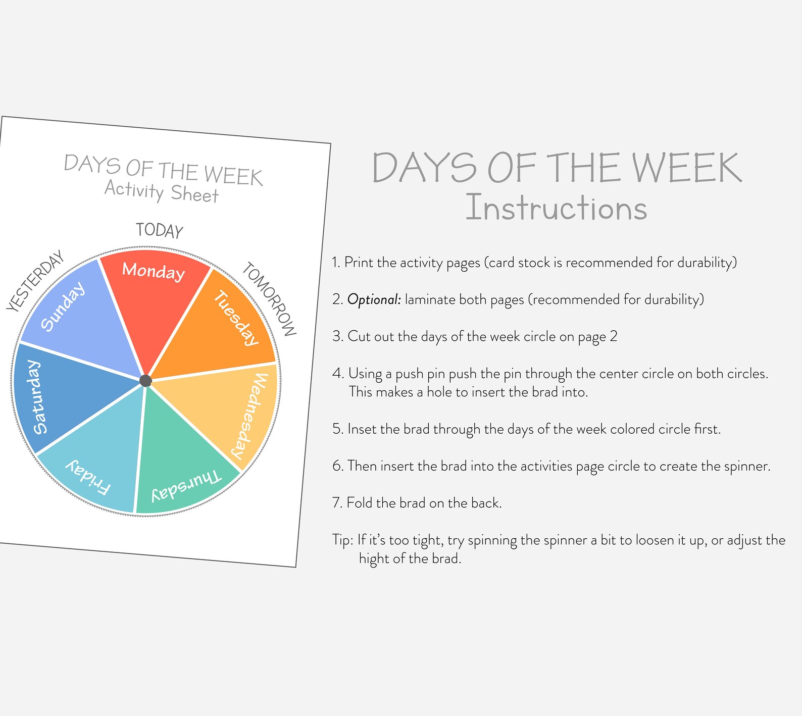 Days of the Week Poster & Activity Spinner Kids Educational - Etsy