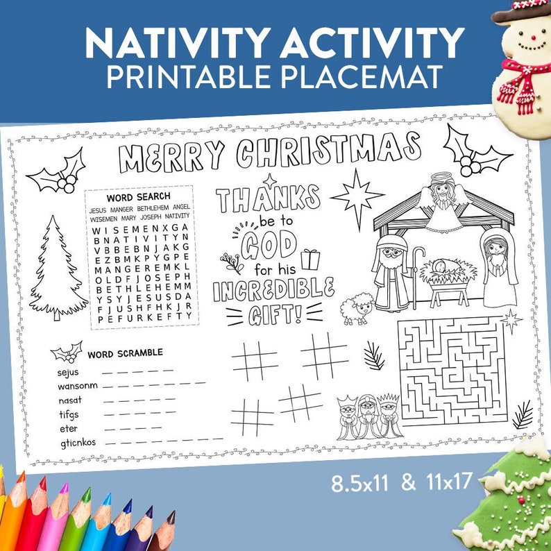 Christmas Nativity Dinner Placemat Kids Table Coloring Crafts Bible ...