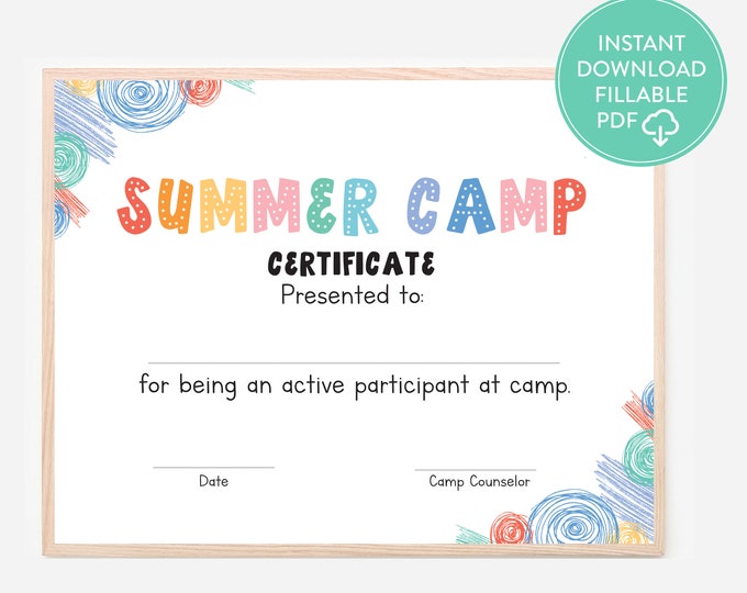 Summer Camp Certificate Editable Certificate Instant Download Printable ...