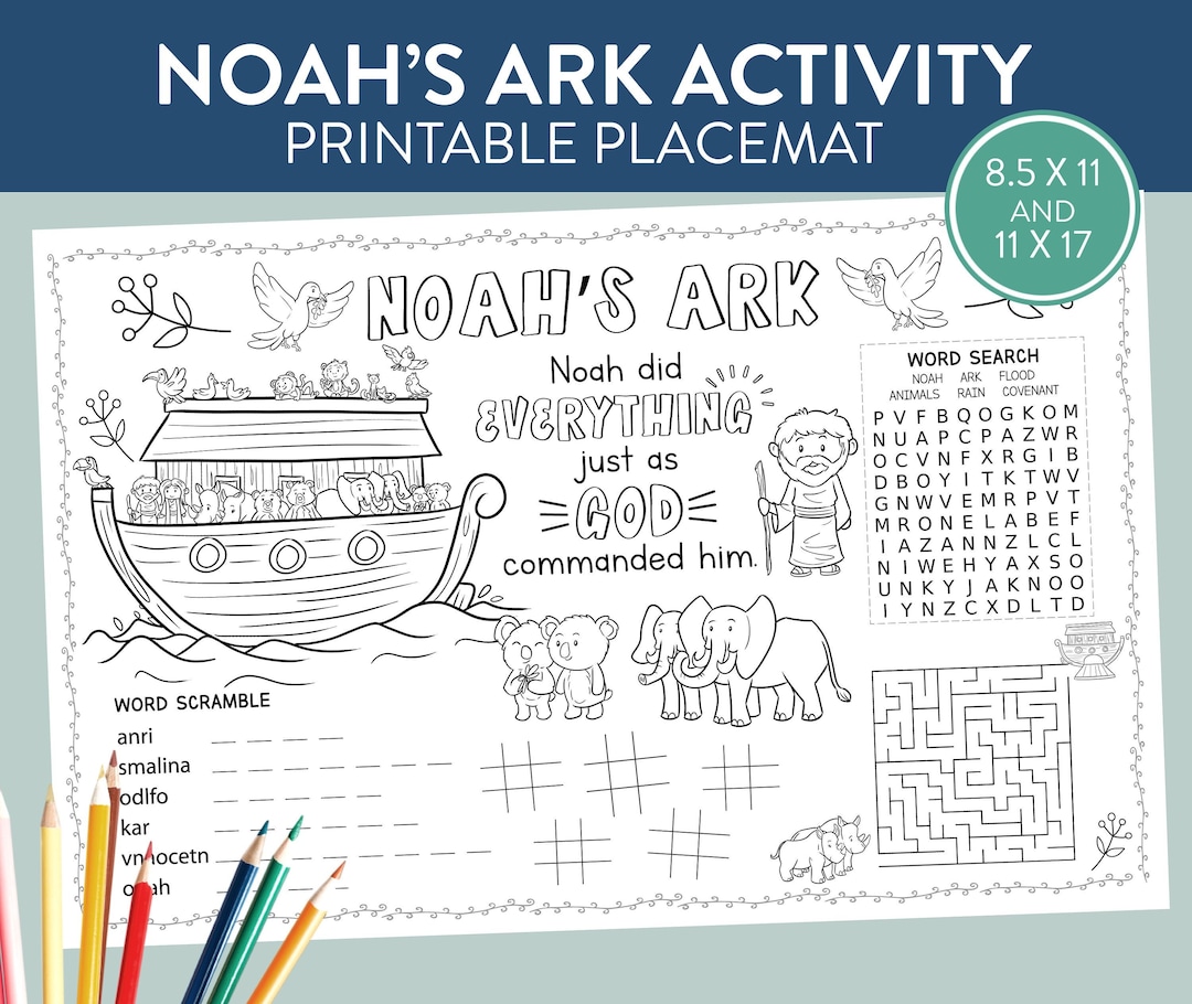 Noah's Ark Bible Stories Activity Placemat Kids Table Coloring Pages ...