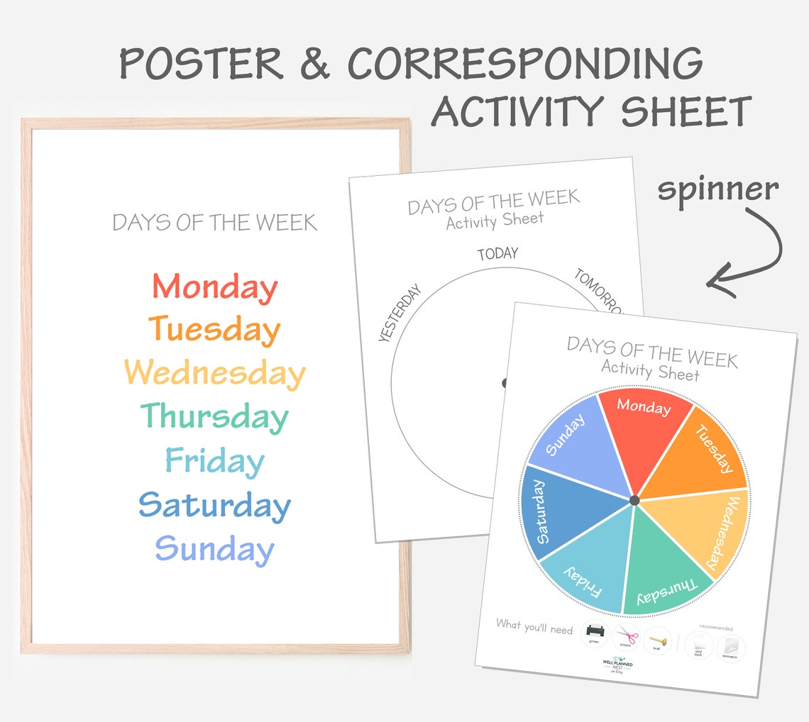 Days of the Week Poster & Activity Spinner Kids Educational - Etsy