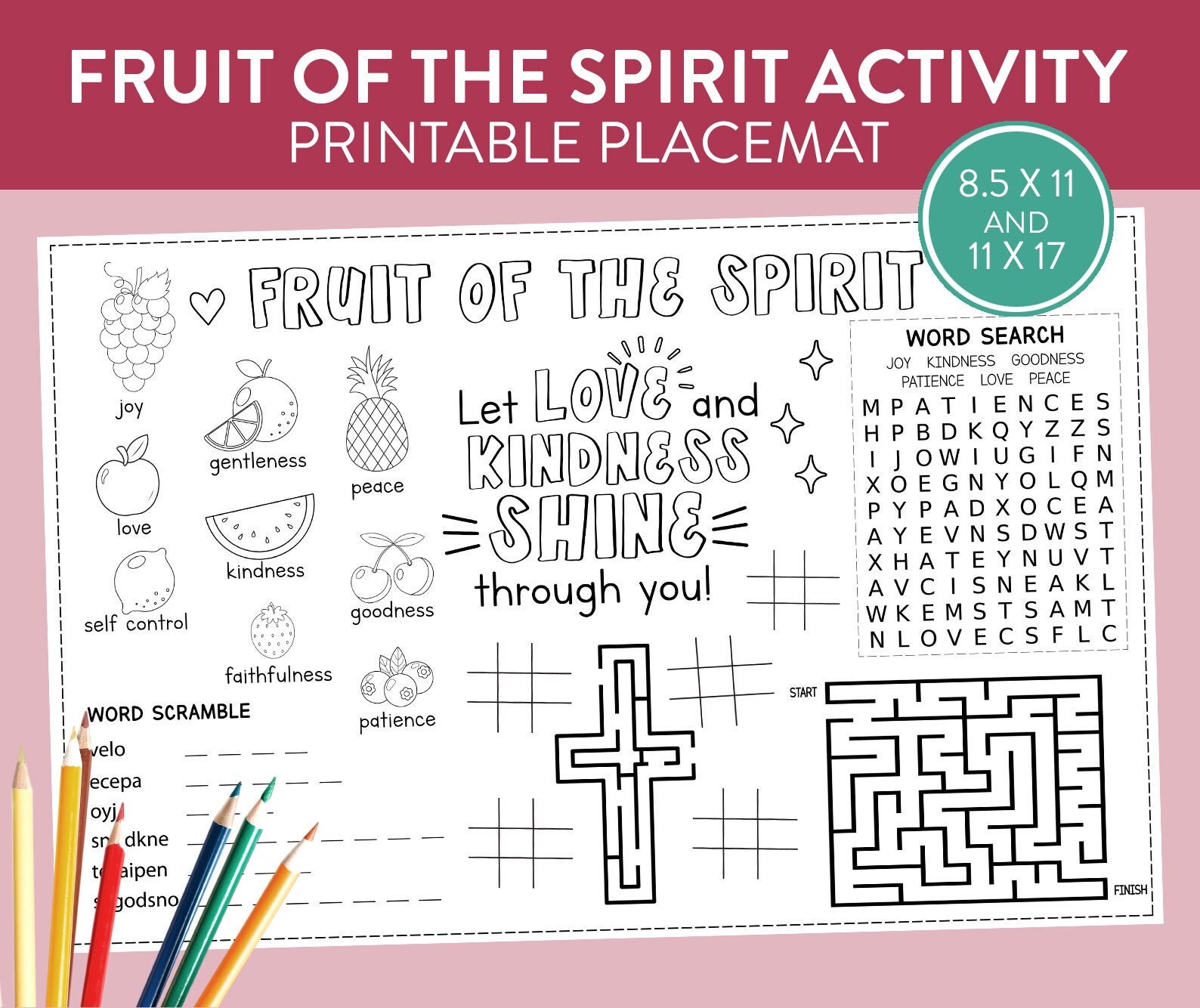 Fruit of the Spirit Bible Activity Placemat Kids Table Coloring Crafts ...