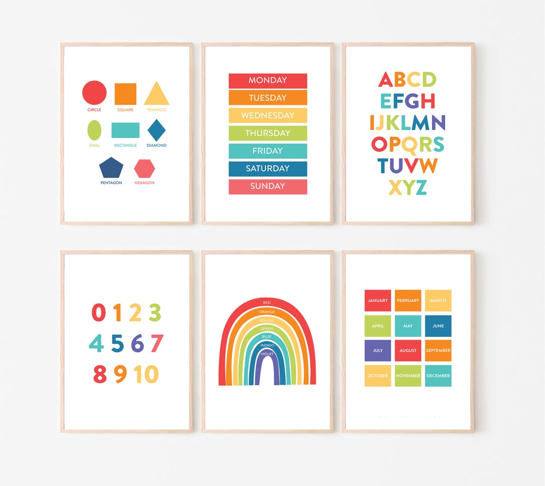 Kids Prints Rainbow Wall Art Educational Posters Set Playroom Toddlers ...
