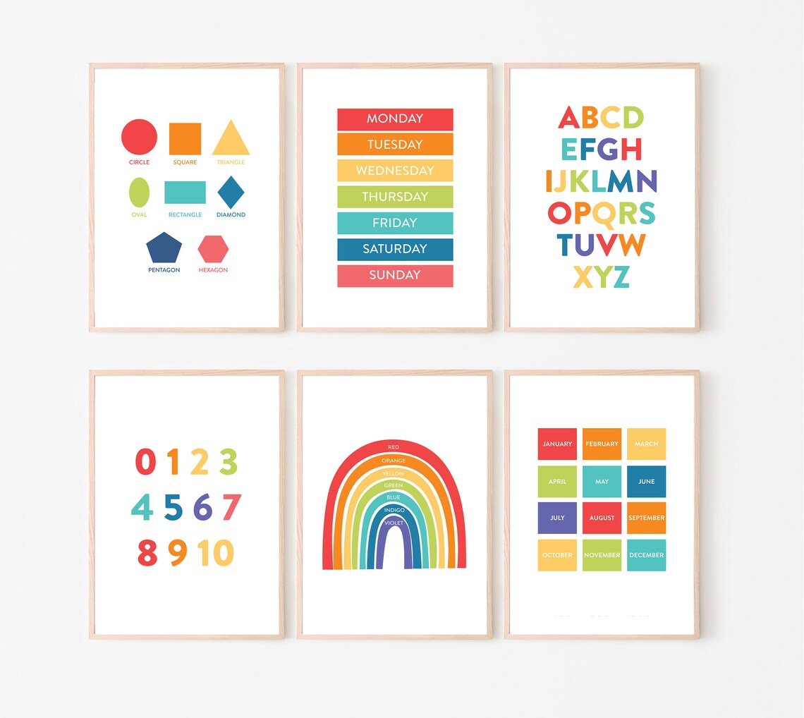Kids Prints Rainbow Wall Art Educational Posters Set Playroom - Etsy