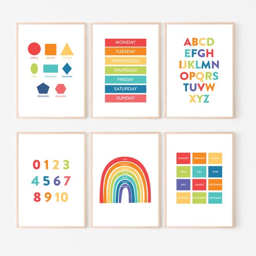 Kids Prints Rainbow Wall Art Educational Posters Set Playroom - Etsy