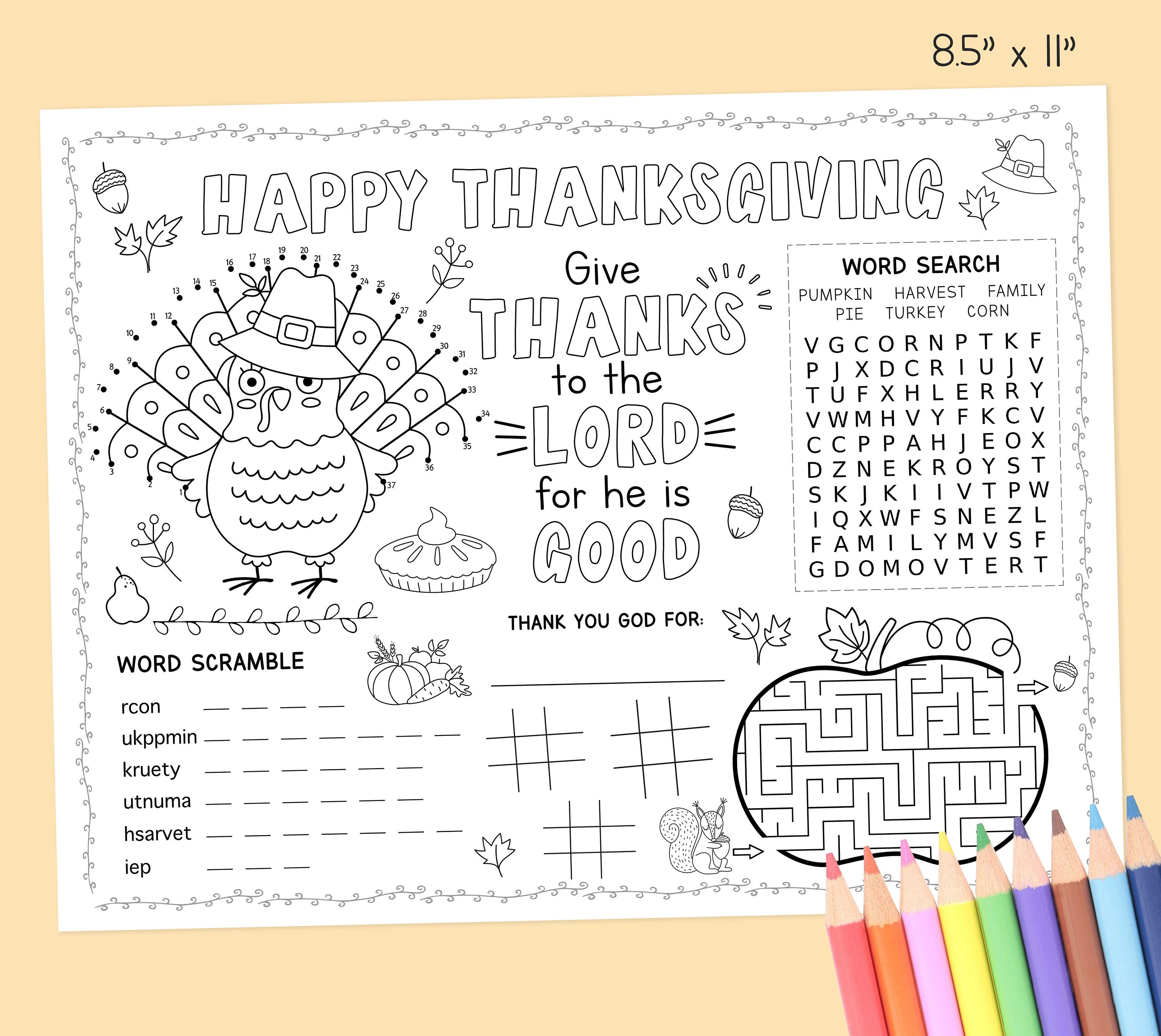 Thanksgiving Dinner Placemat Kids Table Coloring Crafts Bible - Etsy