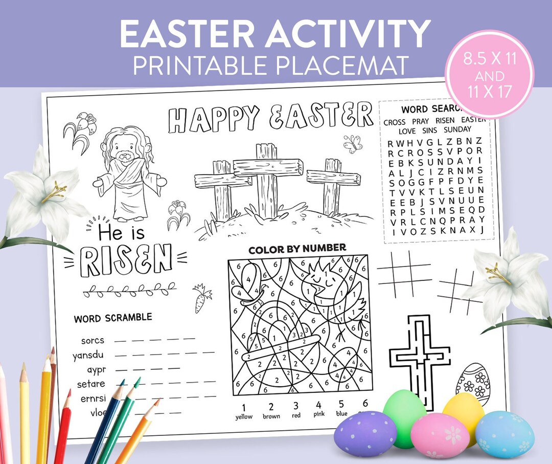 Easter Dinner Brunch Placemat Kids Table Coloring Craft Bible Quote ...