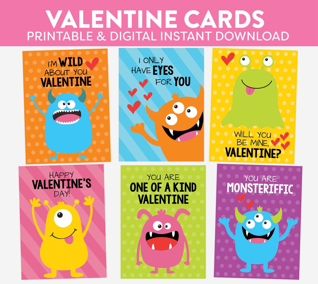 Valentine's Day Cards Monsters Printable Instant Download & Email JPG ...