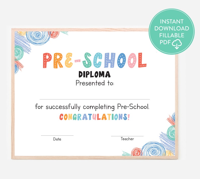 Pre-school Diploma Graduation Editable Certificate Instant - Etsy