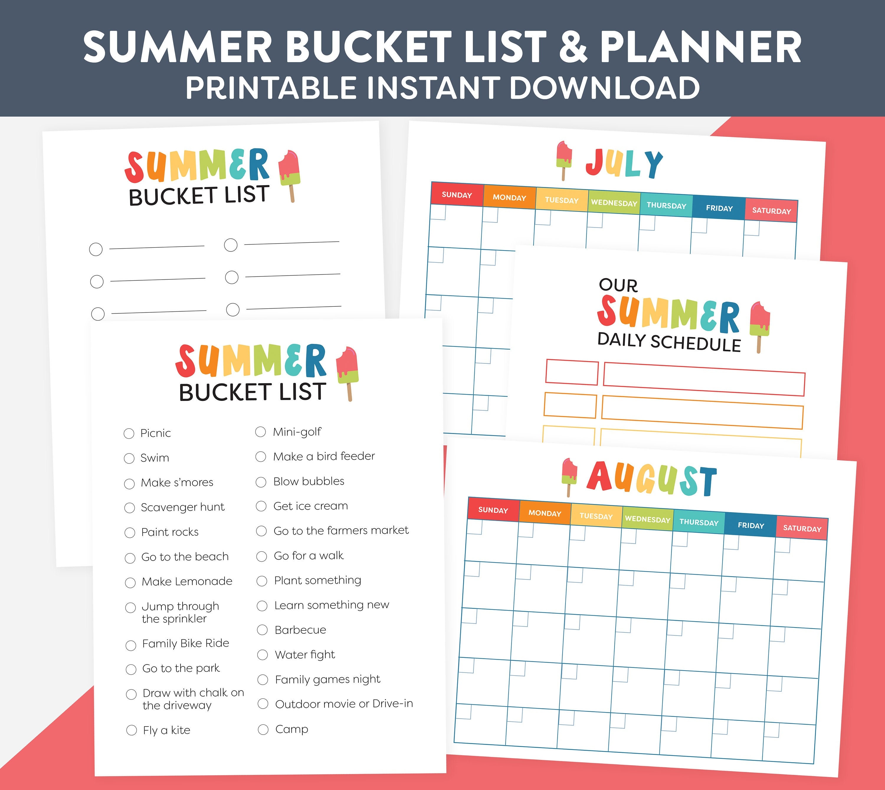 Summer Bucket List for Kids, Planner, Calendar, Checklist, Schedule ...