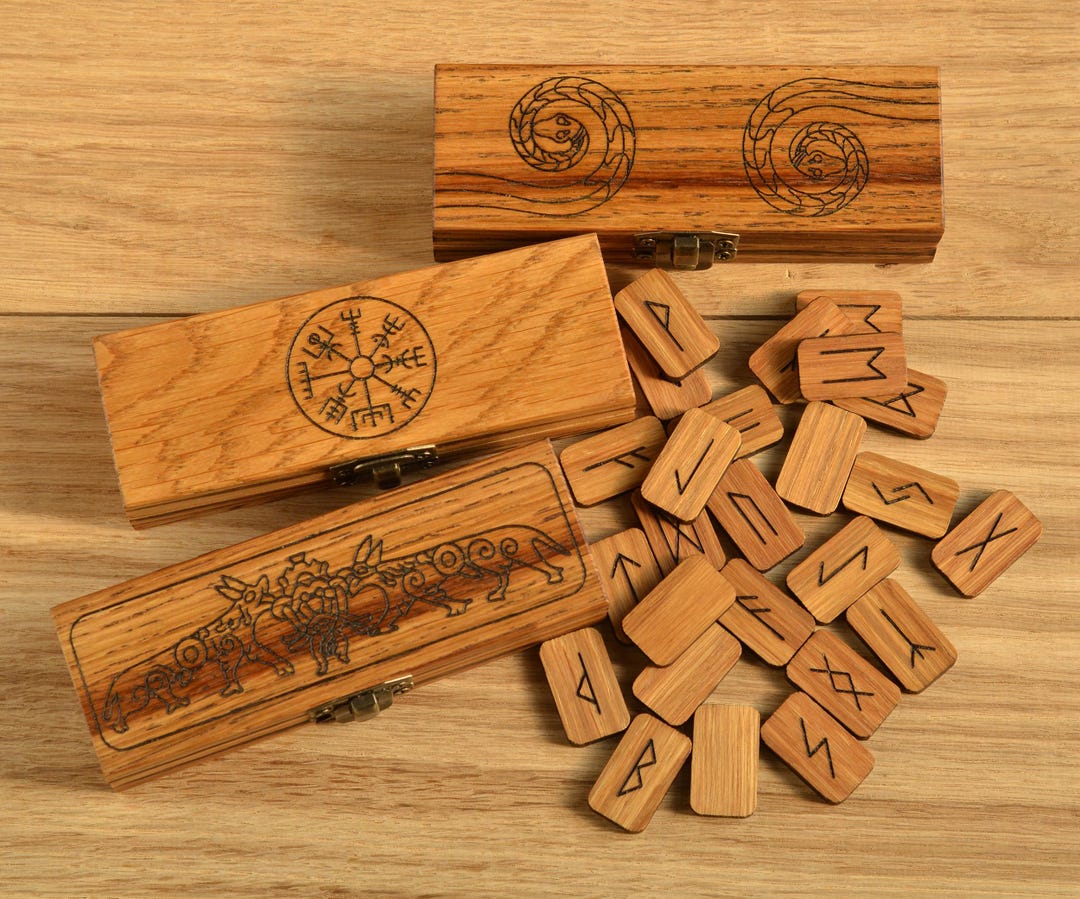 Pocket Set of Runes in a Oak Wooden Box, Travel Divination Runes, Cool ...