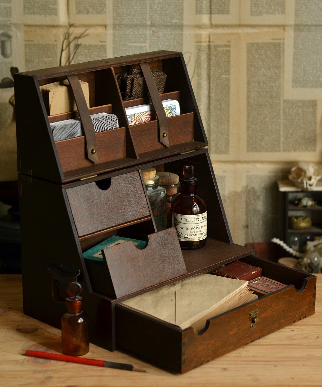 Tabletop Wooden "travel" Mini Secretaire in Victorian Style, Alchemist ...