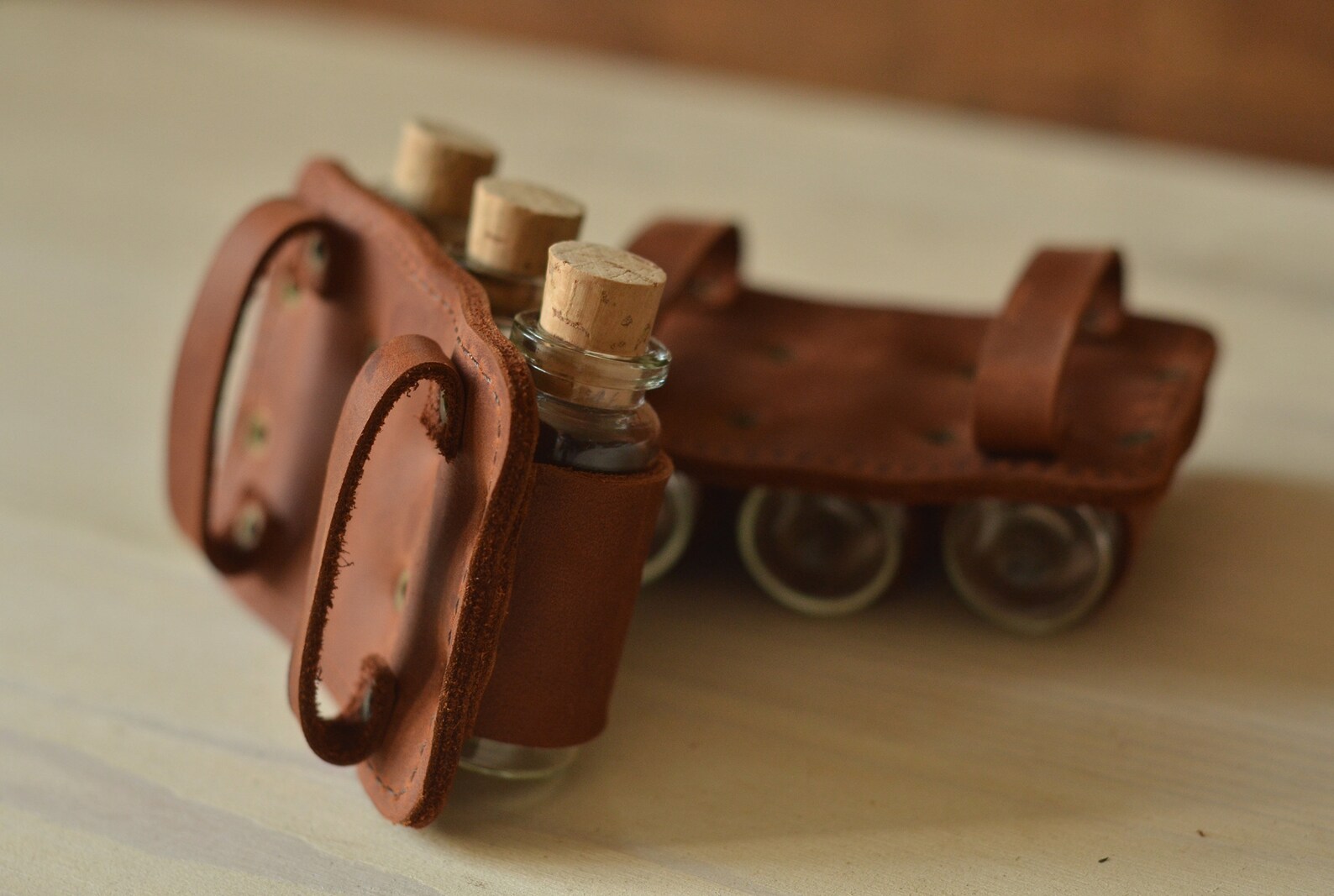 Set of Triple Light Brown Leather Potion Holders, Bottles for Larp ...
