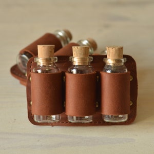 Set of Triple Light Brown Leather Potion Holders, Bottles for Larp ...