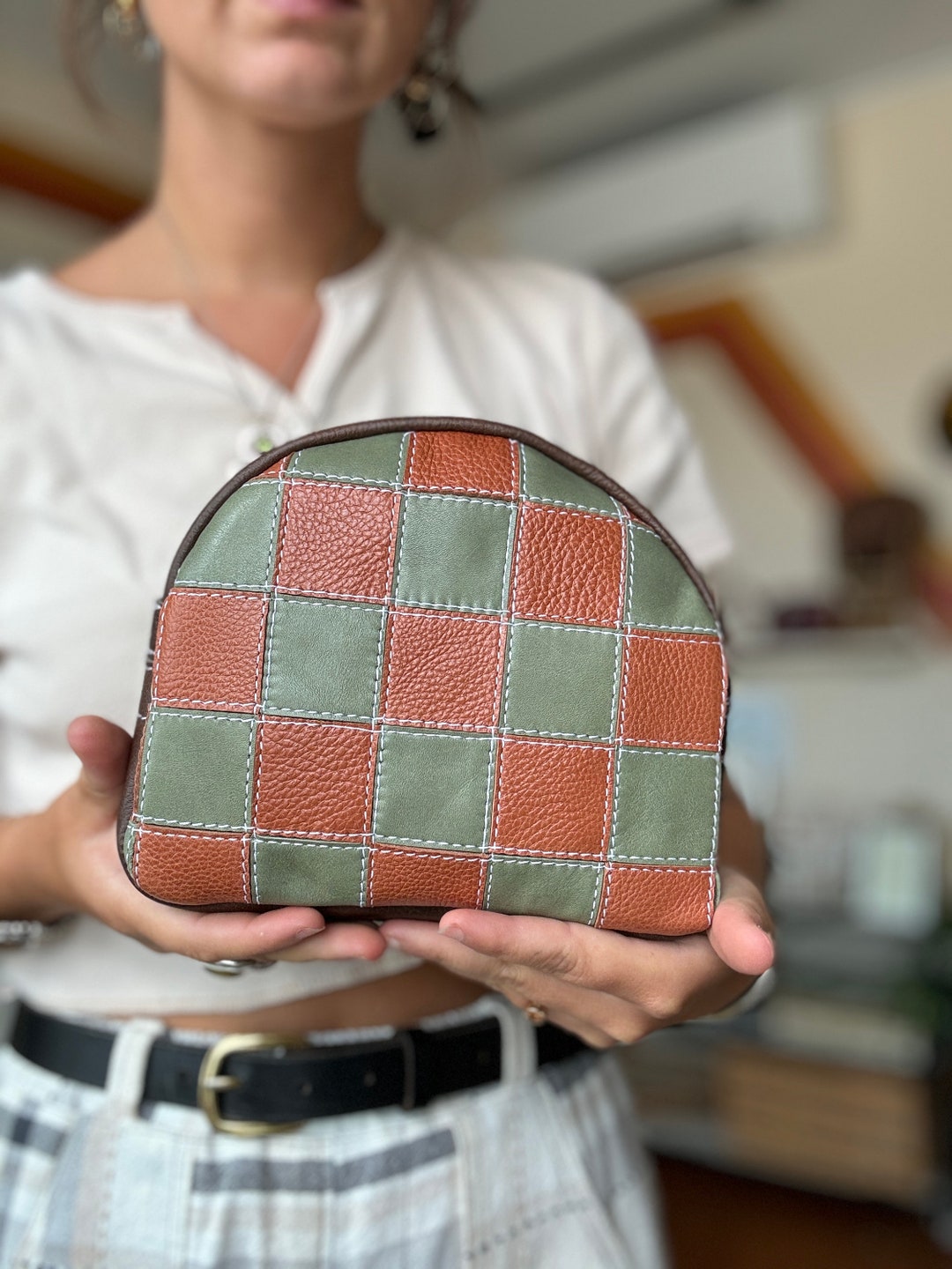 Checkered Print Purse, Terracotta and Green Sling, Woman's Brown ...