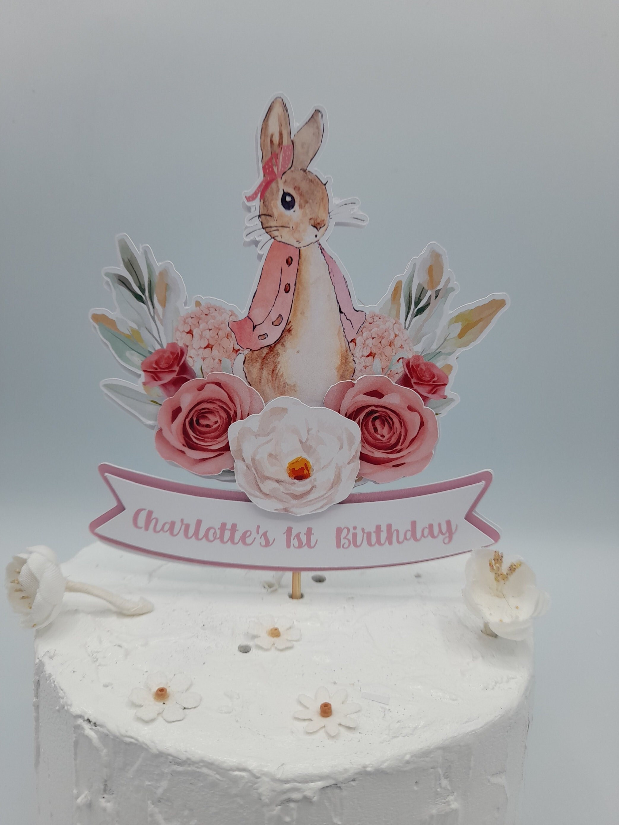 Personalised Flopsy Rabbit Cake Topper: Floral Christening / Birthday ...