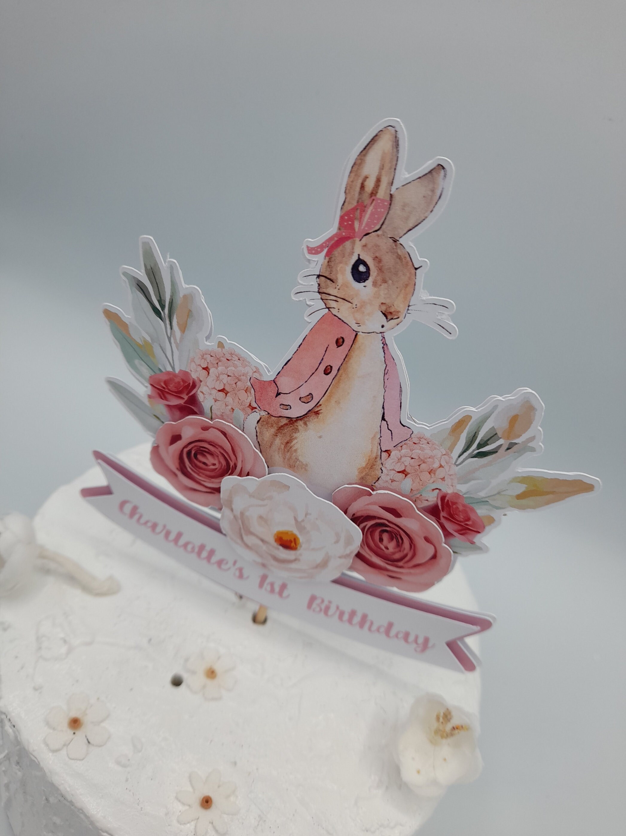 Personalised Flopsy Rabbit Cake Topper: Floral Christening / Birthday ...