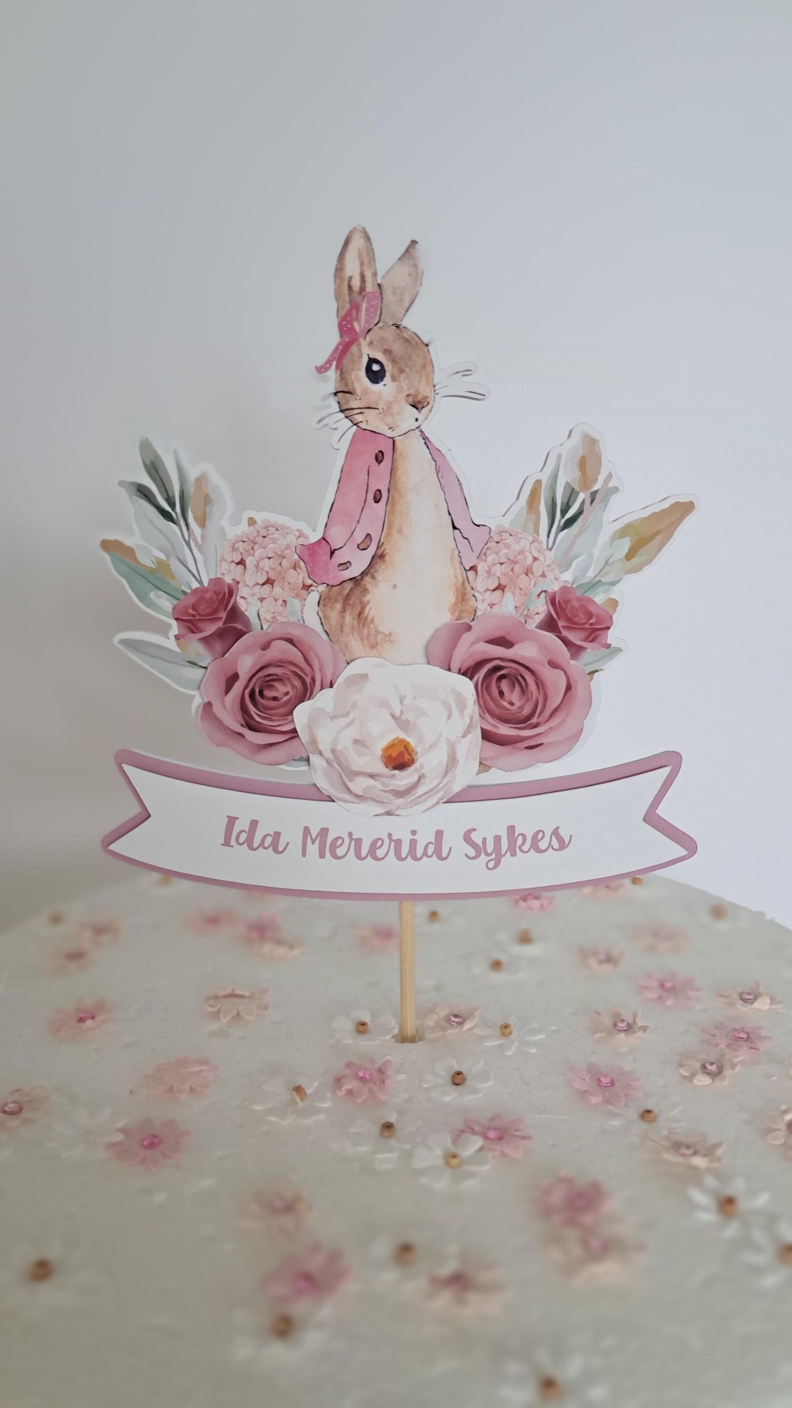 Personalised Flopsy Rabbit Cake Topper: Floral Christening / Birthday ...