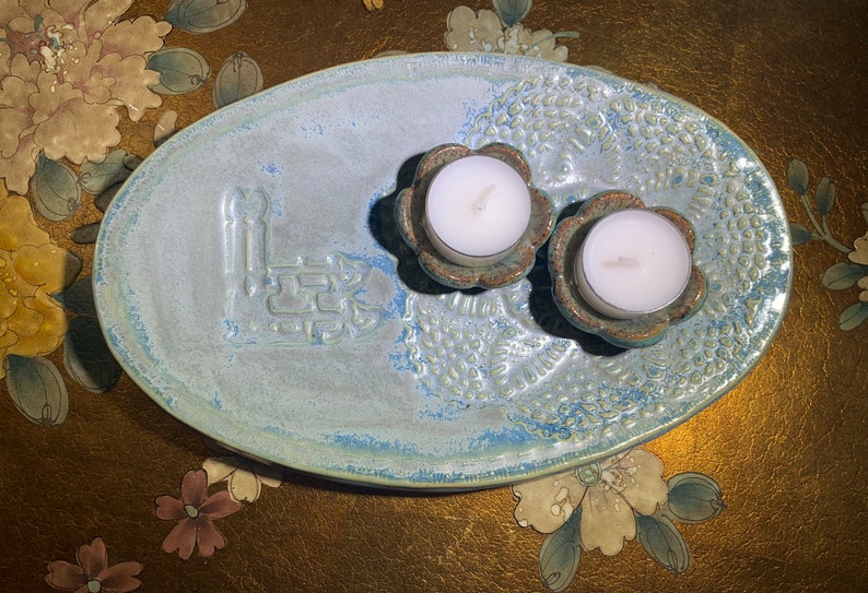 Shabbat Candlesticks. Ceramic Shabbat Tray. Blue Pottery Shabbat ...
