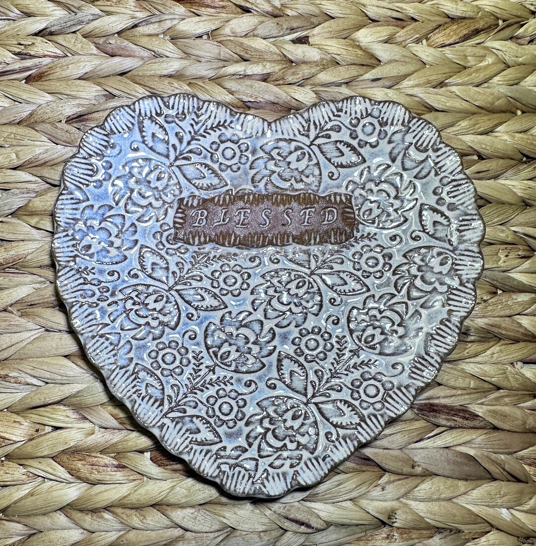 Handmade Ceramic Heart Shape Dish With Lace Texture and the Word ...