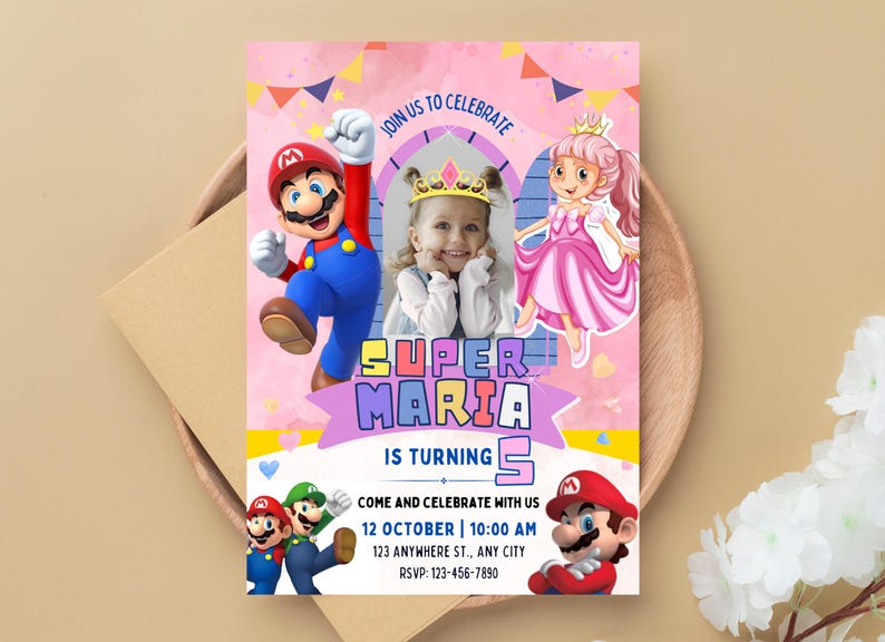 Super Mario Princess Birthday Invitation Card, Super Mario Bros, Mario ...