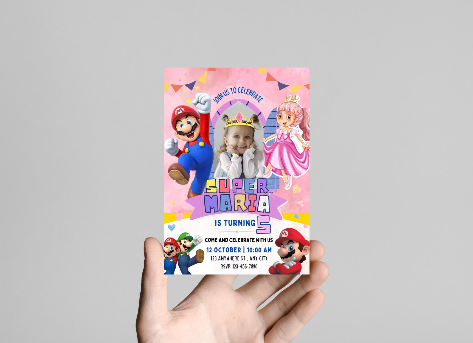 Super Mario Princess Birthday Invitation Card, Super Mario Bros, Mario ...