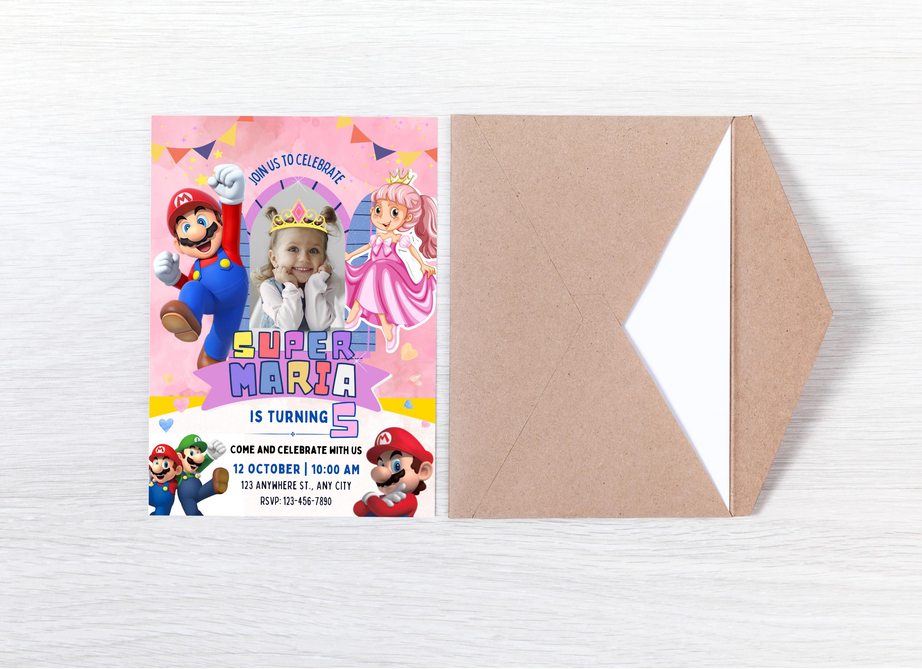 Super Mario Princess Birthday Invitation Card, Super Mario Bros, Mario ...