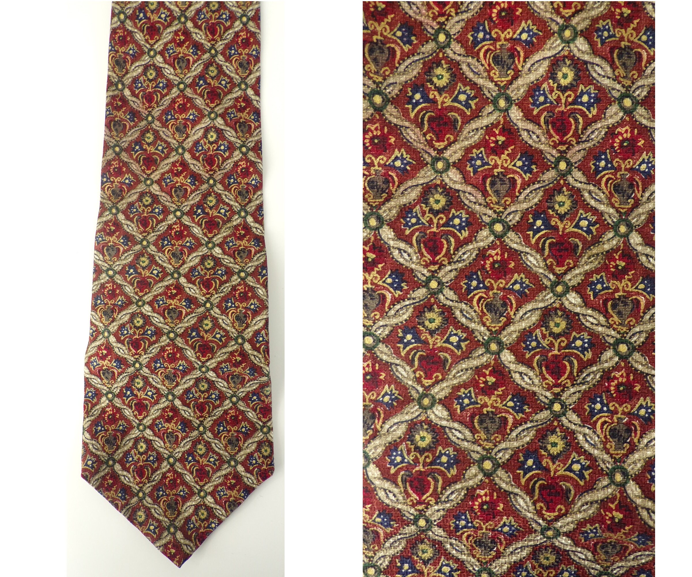 90s Red Brown & Blue Floral Printed Mens Tie, Flowered Tie, Print Tie ...