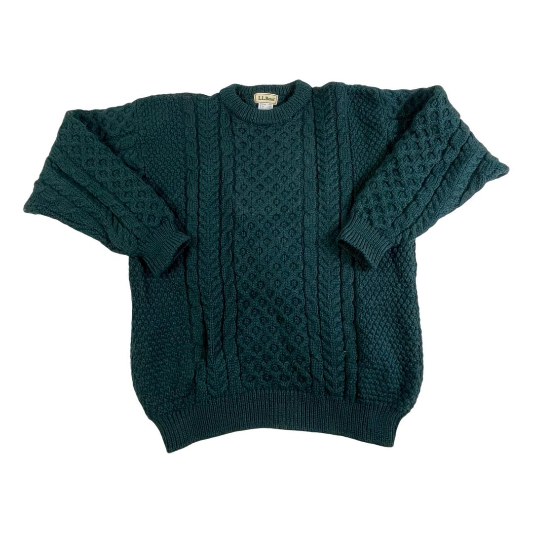 Vintage LL Bean Wool Cable Knit Sweater | Dark Green, Made in Ireland ...